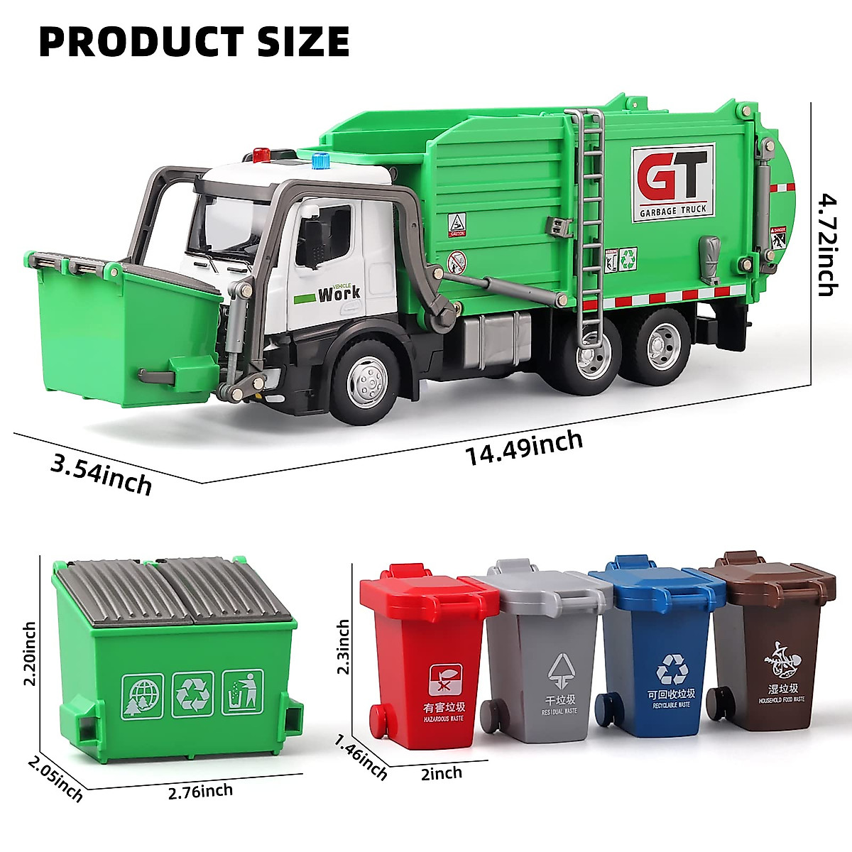 OANMYJJO Metal Diecast Garbage Truck - Friction Powered with Light & Sounds, Front Loader Dumpster, Boys Age 4-7