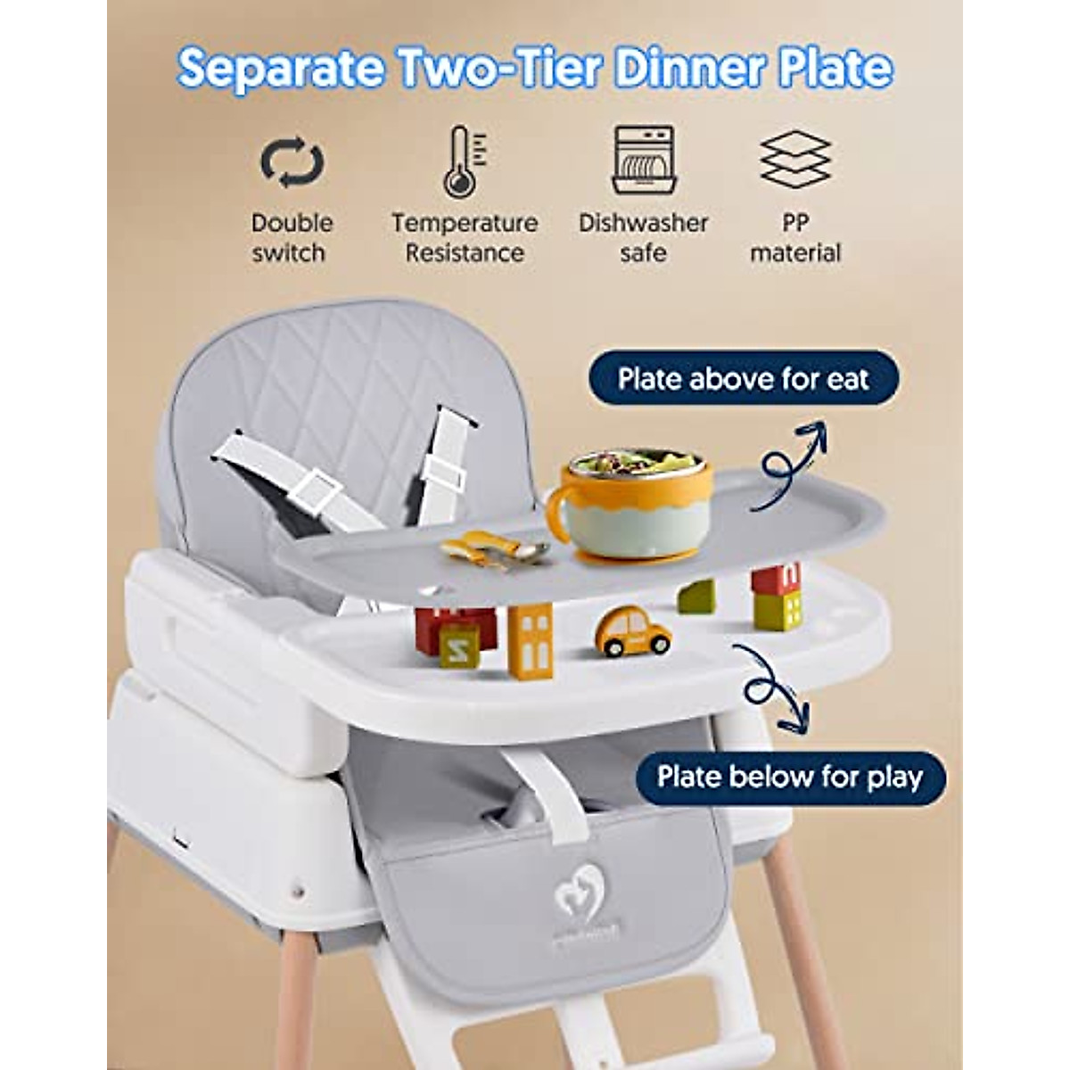 3 in 1 Baby High Chair, Bellababy Adjustable Convertible Chairs for Babies and Toddlers, Compact/Light Weight/Portable/Easy to Clean