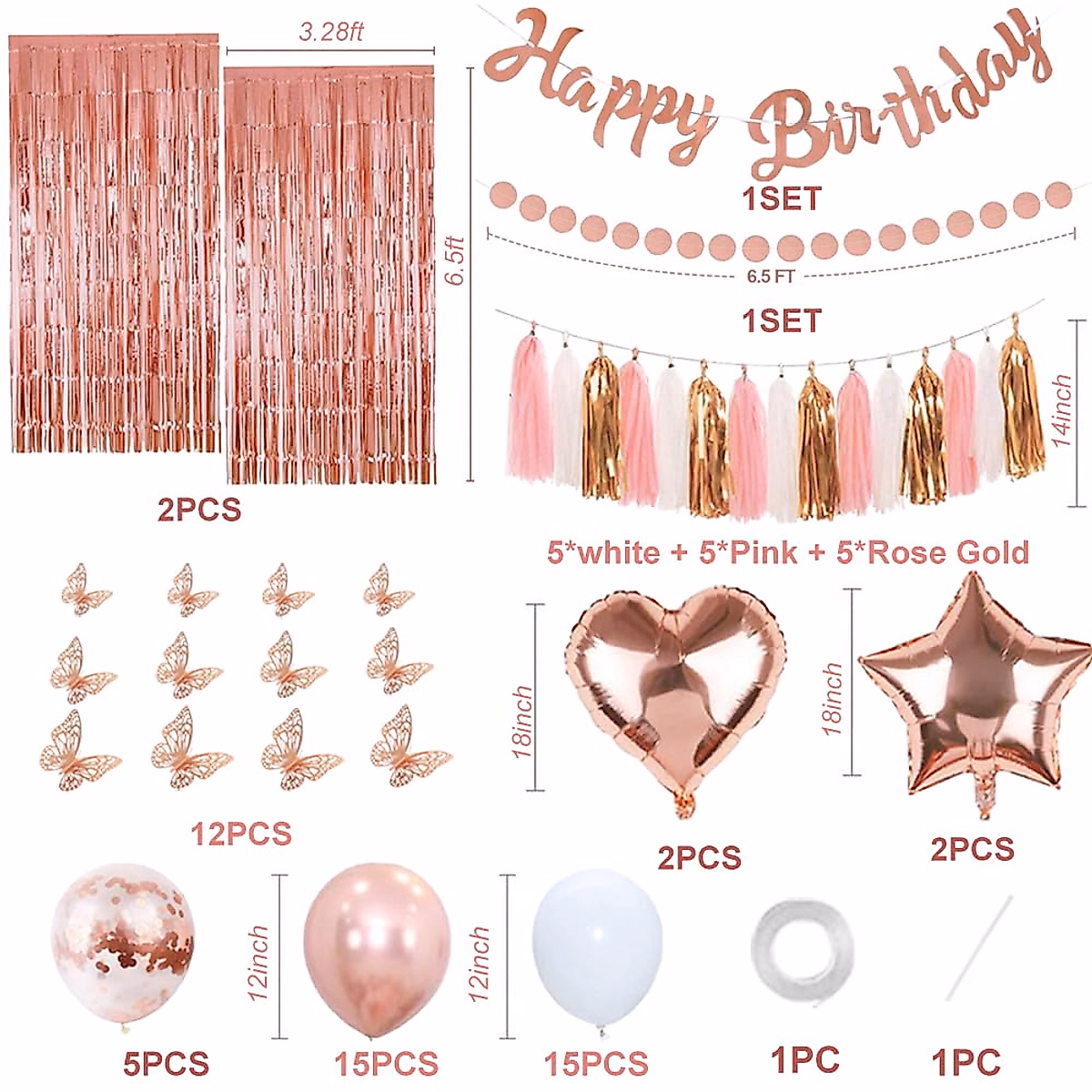 Rose Gold Birthday Party Decorations Kit for Women 73 Pieces, Happy Birthday Banner, Fringe Curtains, Butterfly Decor, Foil Balloons for 13th 16th 20th 21st 30th 35th 50th 60th Girls Men Party Supplies