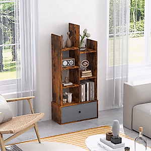 LOKO Rustic Bookshelf with Drawer, Industrial 3 Shelf Bookcase with Anti-toppling Device and 7 Open Compartments, Freestanding Vintage Wooden Book Shelf for Bedroom, Living Room (Rustic Brown)