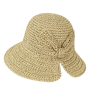Floppy Straw Sun Hat Foldable Packable Wide Brim Summer Beach Hat Crochet Bucket Hat with Bow for Women (B Beige)