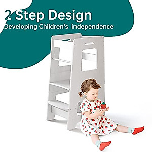 Kitchen Step Stool, WOOD CITY Toddler Kitchen Stool Helper with Safety Rail, Height Adjustable Child Standing Tower Learning Stool for Kitchen Counter and Bathroom Sink (White)