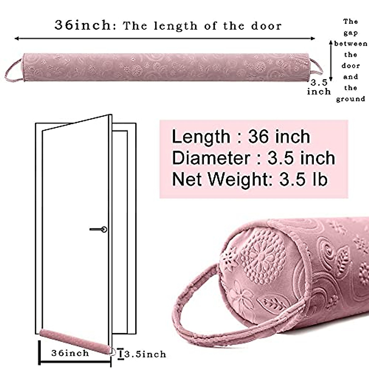 Weighted Door Draft Stopper 36 Inch, Pink Door Draft Noise Sound Blocker Snake Door Sweep with Loop and Weather Stripping Removable, Heavy Duty Draft Guard Windproof for Doors Windows