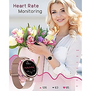 Smart Watch for Women IP68 Waterproof, Round Women's Watch for iOS Android Phones Fitness Tracker Smartwatch with Heart Rate Monitor Steps/Sleep Tracker Slim Gold (Sport & Metal Bands Included), LYNN