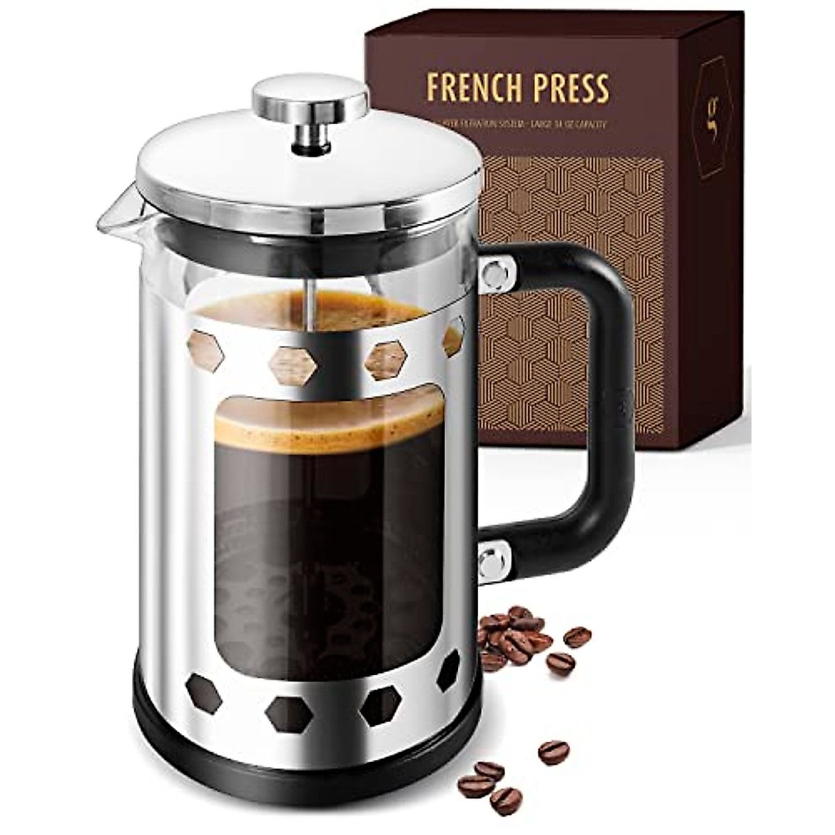 Gracie's Finest French Press Coffee Maker - Large 34 oz. Glass Coffee Pot Carafe with Stainless Steel Filter - French Press Coffee at Home or Office - Dishwasher Safe