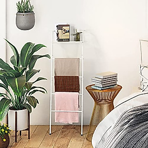 Farmhouse Blanket Ladder, Ladder Towel Rack Decorative Towel Ladder with Storage Shelf, Rustic Blanket Ladder Shelf for Living Room, Blanket Storage Rack, White