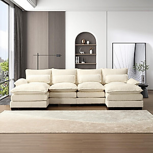 Modern Sectional Sofa Couch, Comfy U Shape Cloud Couch with Double-layer Cushion, Oversized 6 Seater Sofa with 4 Pillows, Upholstered Deep Seat Couch for Living Room, Office, Apartment, Beige Chenille