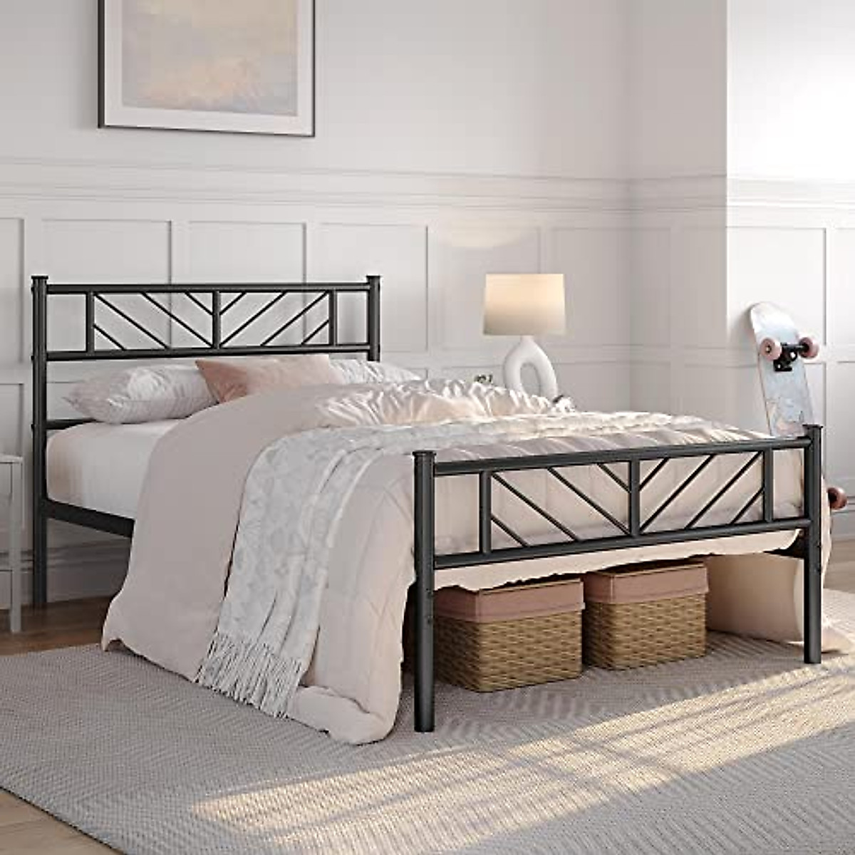 Yaheetech Twin Size Platform Bed Frame with Arrow Design Headboard, 13 Inches Metal Mattress Foundation for Storage, No Box Spring Needed, Easy Assembly, Modern, Black