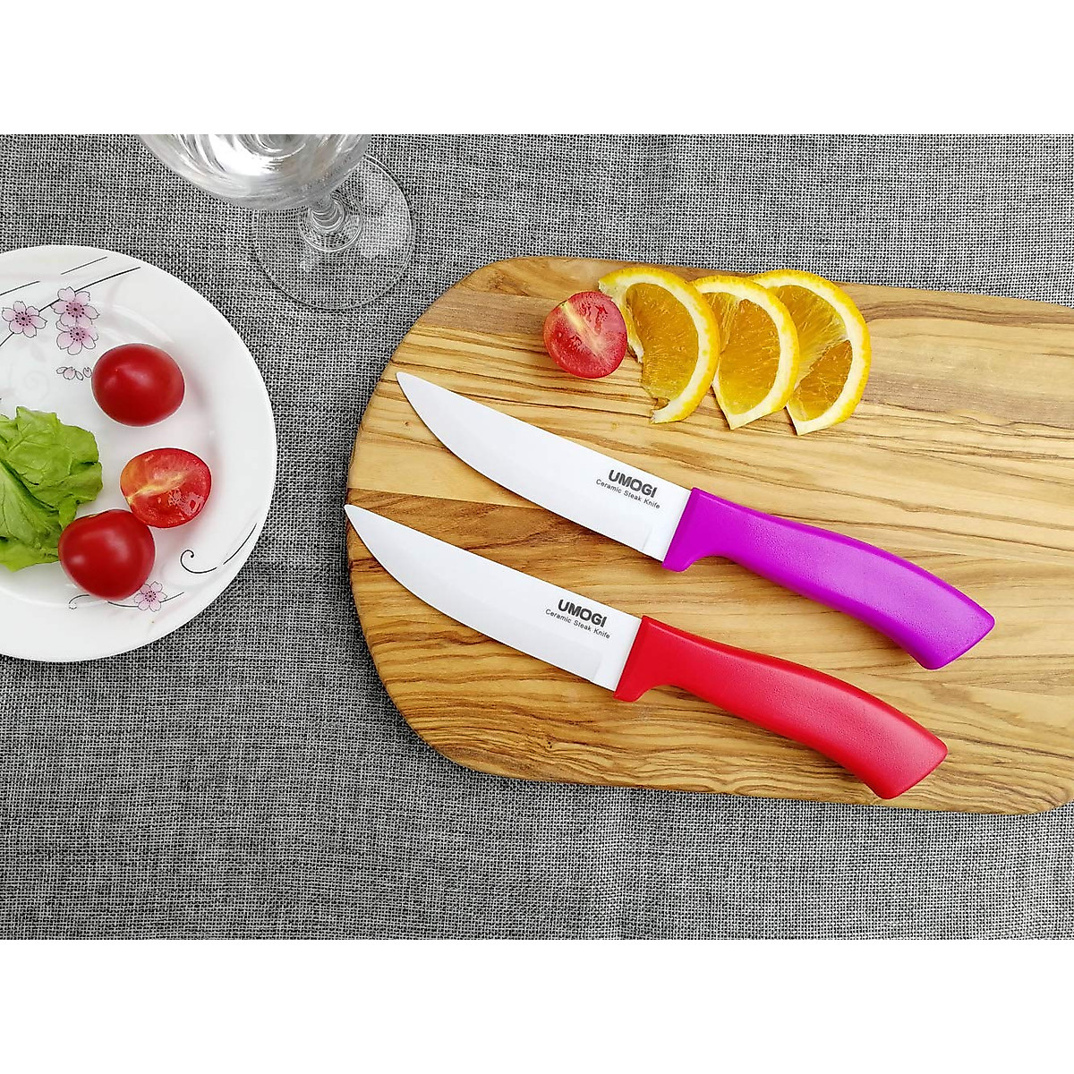 UMOGI Ceramic Steak Knives Set of 4 with Covers in Gift Box - Utility Knife Large Size - Healthy Stain Resistant & Rust Proof - Dishwasher Safe - Best for Meat Tomatoes Vegetables Fruits BBQ