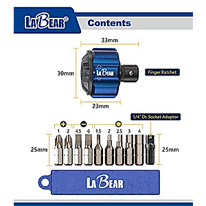 LABEAR 11pcs 1/4" DR Palm Ratchet kit, Mini Ratchet,Finger Ratchet,Gear Ratchet, Screwdriver Bits with Philips,Slotted