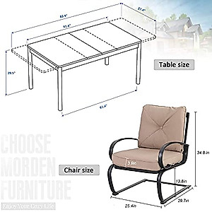 MFSTUDIO 7PCS Outdoor Patio Dining Set, 6 Spring Motion Chairs with Cushion, 1 Rectangular Expandable Table, Porch Lawn Backyard Garden Furniture Sets, Beige