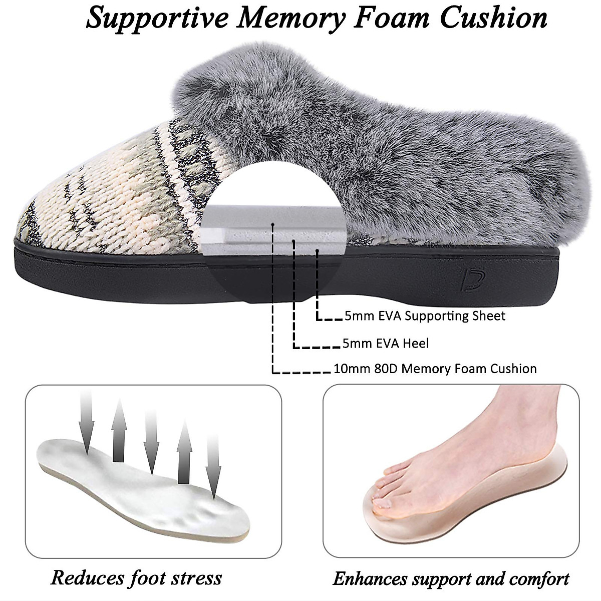 DL Women's House Slippers with Fuzzy Plush Faux Fur Collar, Memory Foam Slip on House Shoes with Indoor Outdoor Anti-Skid Rubber Sole, Grey/white, 7-8