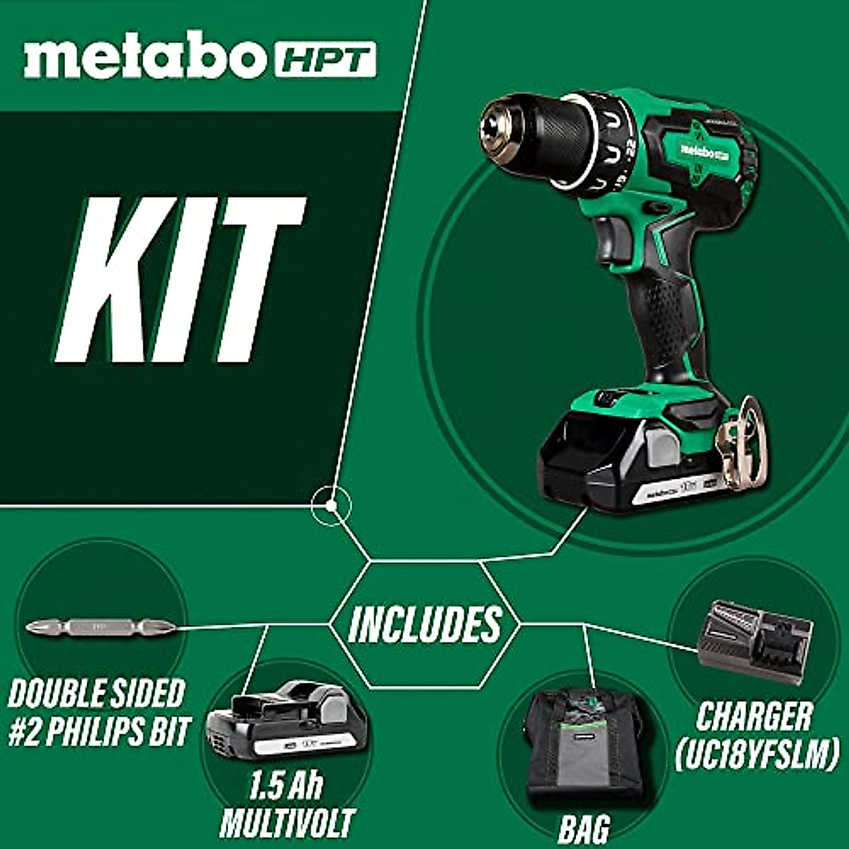 Metabo HPT 18V MultiVolt Cordless Drill/Driver Kit | Brushless Motor | 1/2-Inch Keyless Metal Chuck | Lifetime Tool Warranty | DS18DBFL2E