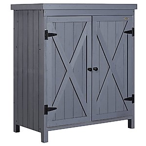 GLANZEND Wooden Garden Storage Shed Cabinet, Outdoor Tools Storage House with 2 Shelves and Waterproof Galvanized Roof Top, for Lawn Backyard Patio, Gray (31.5" W x 17.75" D x 36.25" H)