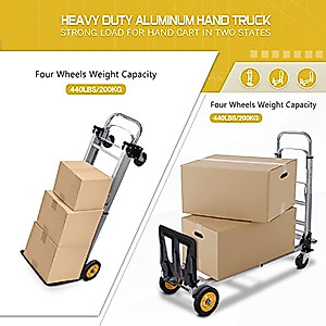 Oyoest Aluminium Hand Truck Dolly Heavy Duty 440lbs Capacity 2 in 1 Convertible Folding Hand Truck with Pneumatic Wheels and Telescoping Handles,Portable Dolly Cart with Bungee Cords for Moving.