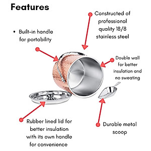BirdRock Home Ice Bucket with Scoop & Lid - 2.8 Liter Hammered 18/8 Stainless Steel Container for Bar - Double Wall Insulated Bucket with Carrying Handle - Great for Parties - (Copper)
