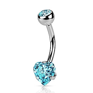 Forbidden Body Jewelry Surgical Steel Aqua CZ Jeweled Solitaire Heart Belly Button Ring