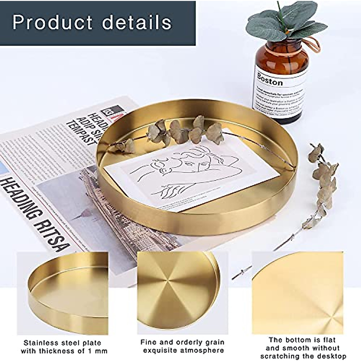 Round Gold Tray, Dedoot Decorative Tray Small - 7.8inch Stainless Steel Metal Tray Organizer Storage Organizer Vanity Trays for Jewelry Cosmetics Coffee Tea Candle, Bathroom Plate Kitchen Tableware