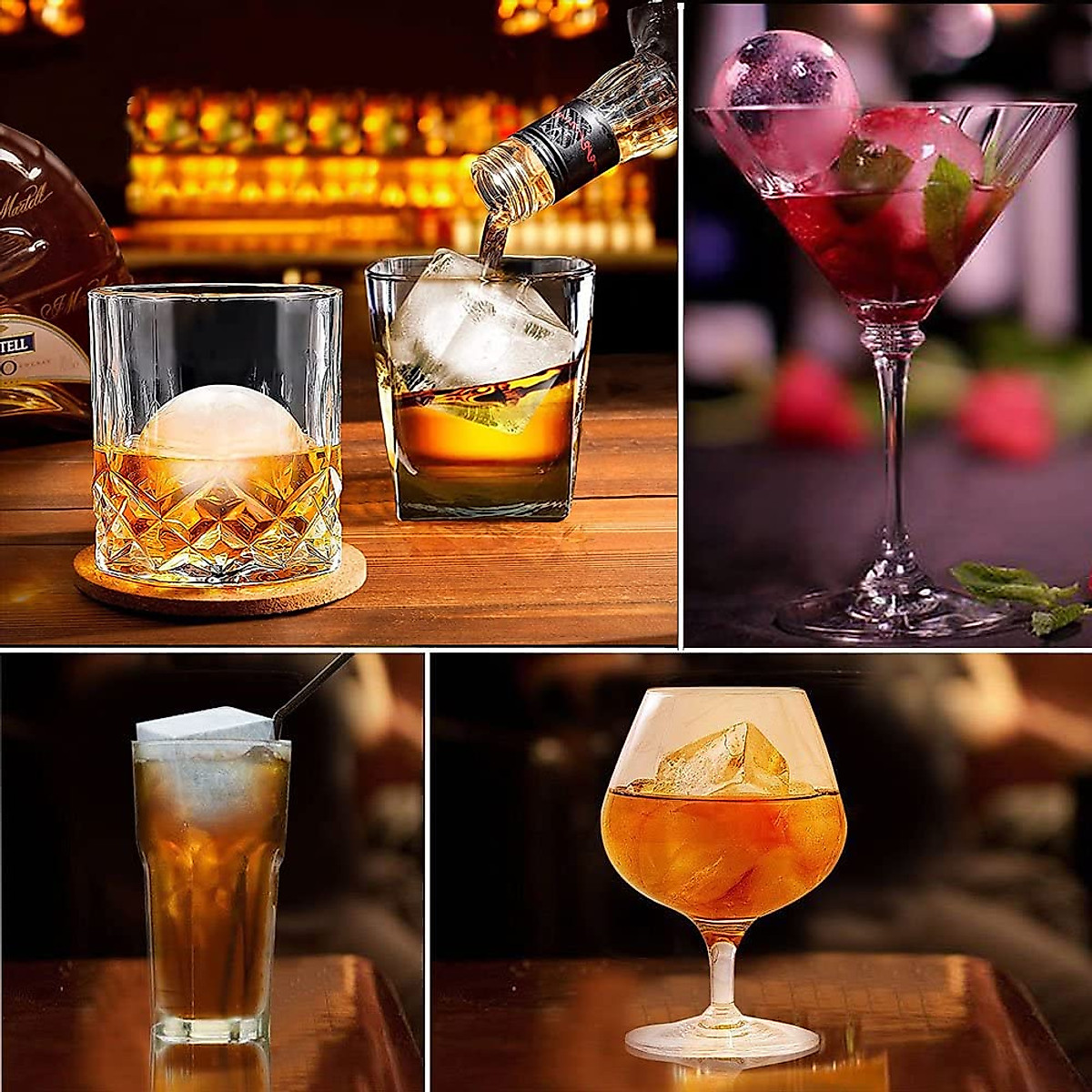 HONYAO Whiskey Cocktail Ice Mold, Easy Fill and Release Silicone Round Ice Ball Maker Mold Large Square Ice Cube Tray with Lid - 6 Ice Balls + 6 Ice Cubes Black