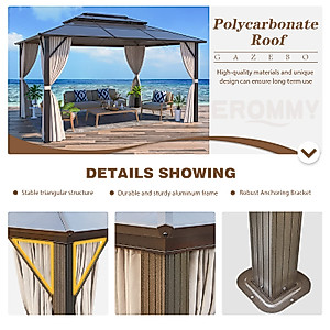 EROMMY 10'x13' Gazebo Polycarbonate Double Roof Canopy Outdoor Aluminum Frame Pergolas with Netting and Curtains for Garden Patio Lawns Parties