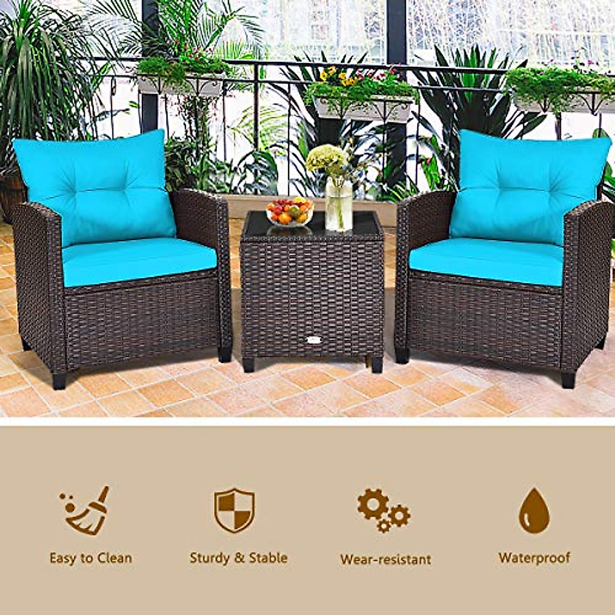 HAPPYGRILL 3-Piece Patio Furniture Set Outdoor Rattan Wicker Bistro Sofa Set Conversation Furniture with Cushion & Table