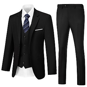 Mens 3 Piece Suit Set,Slim Fit Suits for Men,Solid Jacket,Vest,Pants Tuxedo Black M