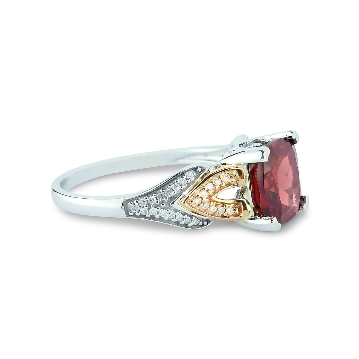 Belantina Heartland By Beverley Mitchell 10K Rose Gold with .925 Sterling Silver Cushion Cut Garnet & Diamond Accented Two Tone Flared Band Statement Ring