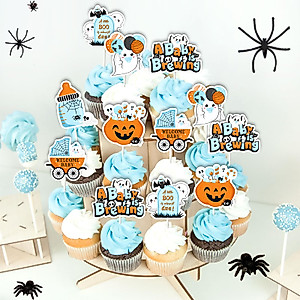 Jollyboom Halloween Baby Shower Party Decoration Boy, 36Pcs A Baby Is Brewing Baby Shower Decorations Cupcake Topper for A Little Boo Is Almost Due Halloween Welcome Baby Shower Gender Revel
