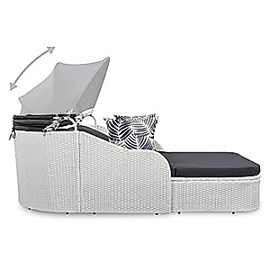 XYFDDWM 79.9" Outdoor Sunbed with Adjustable Canopy, Double Lounge, PE Rattan Daybed, White Wicker, Gray Cushion (White)