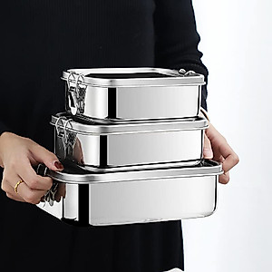 Tinaforld 1400ML Stainless Steel bento lunch box, Snacks Salad Food Container with Lock Clips, for Men Women or Adults,Eco-Friendly Dishwasher Safe, Stainless Lid Leak-Proof (Without Divider 1400ML)