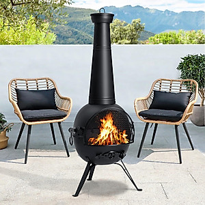 SINGLYFIRE Chiminea Fireplace Outdoor Prairie Fire Deck or Patio Backyard Wooden Fire Pit with Chiminea Cover Rust-Free Iron Black