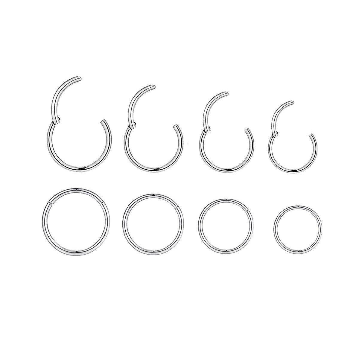 18G Surgical Steel Nose Rings Hoop Hinged Clicker Segment Helix Cartilage Daith Tragus Earrings Body Piercing Jewelry for Women Men Girls 6mm 8mm 10mm 12mm 4 pairs, Metal, No Gemstone