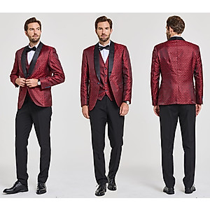 YND Men's 3 Piece Slim Fit Tuxedo Suit Set, One Button Shawl Collar Floral Business Blazer Jacket Vest Pants with Bow Tie, Red