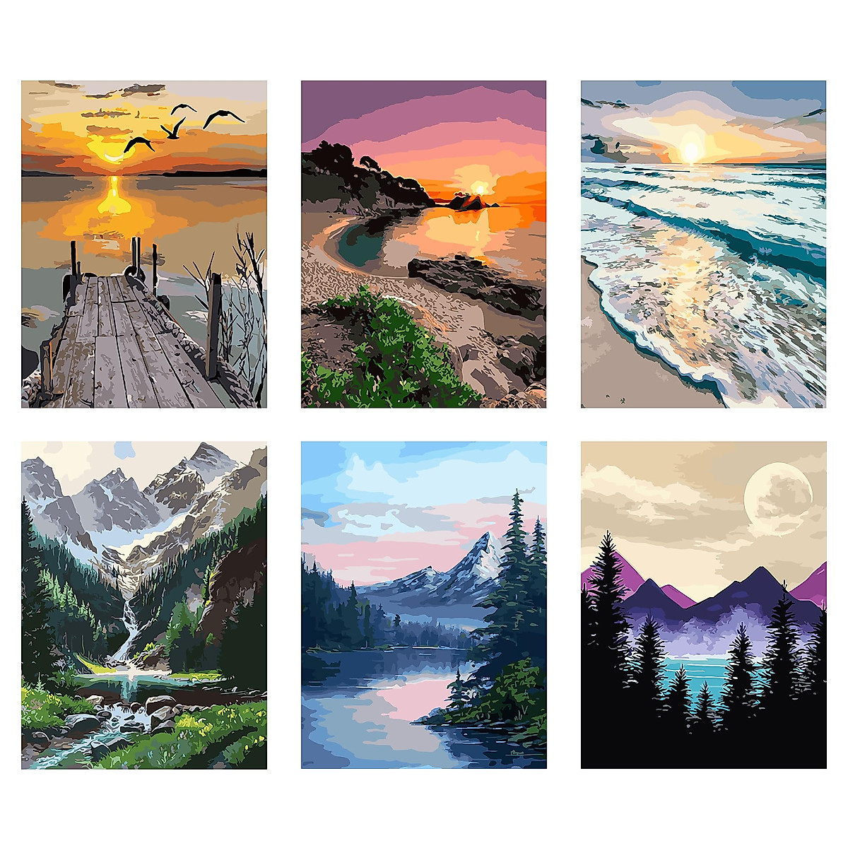 CHWGLFGG 6 Pack Landscape Paint by Number for Adults Kids Beginner, DIY Adult Painting by Numbers Kits on Canvas with Brushes and Acrylic Paint, Home Wall Decor 12 x 16 Inch