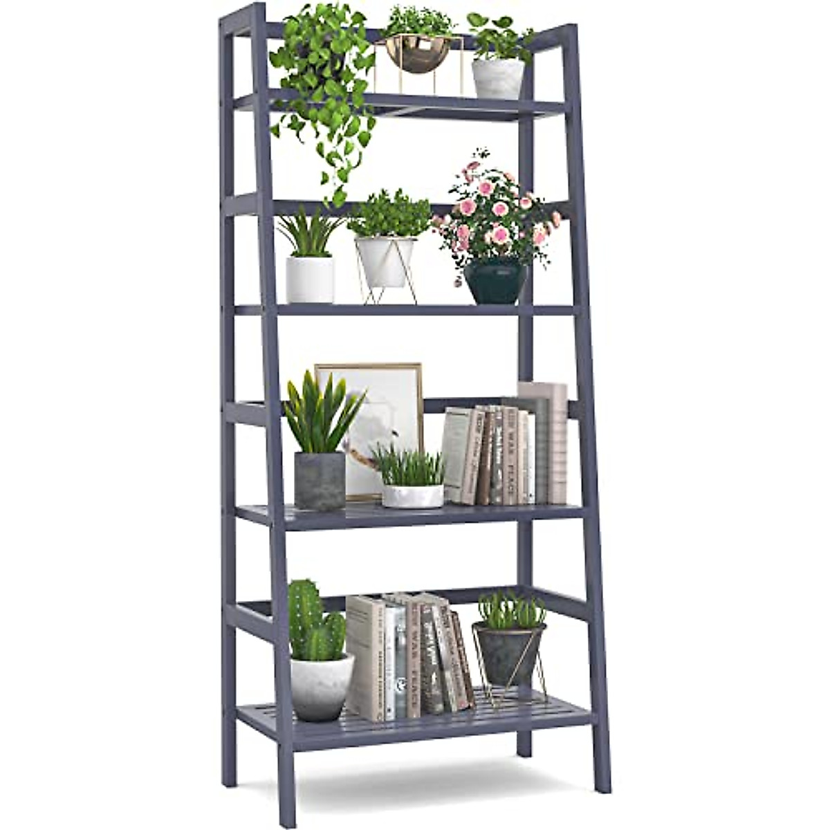 Homykic Ladder Bookshelf, 4-Tier Bamboo Shelf 49.2” Open Bookcase Freestanding Bathroom Storage Rack Plant Stand for Living Room, Bedroom, Office, Easy Assembly, Blue Grey