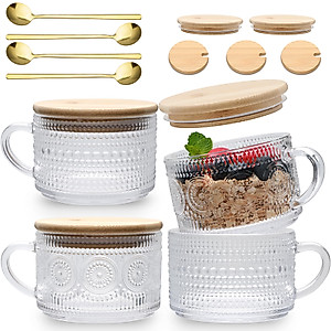 4pcs Overnight Oats Containers with Lids,Vintage Coffee Mugs gifts for women,Glass Cups with Spoons and Bamboo Lids,Great for Coffee, Overnight Oats,Juice. Excellent Choice for Gift Giving,Party