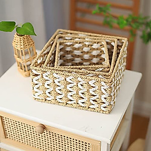 Storage Baskets Set 3 -Stackable Woven Basket Paper Rope Organizing Baskets Set Handmade Decorative Home Storage Bin for Makeup/Closet/Bathroom/Bedroom (off white)