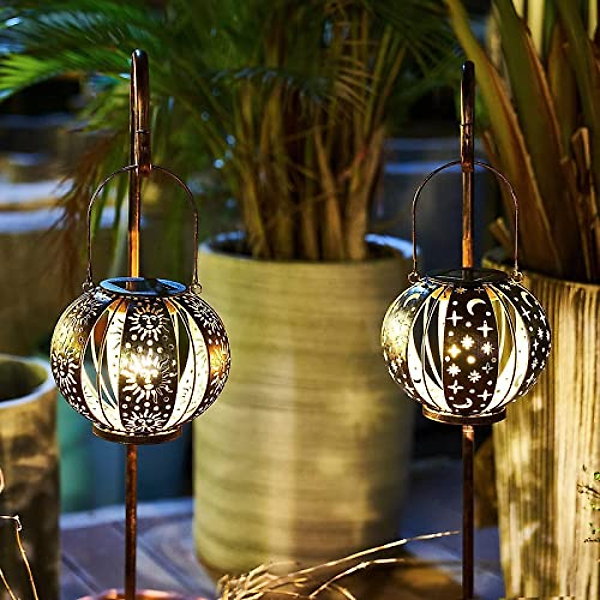 Tryme Solar Lanterns Outdoor Waterproof Moon Star Sun Hanging Solar Garden Lanterns Lights with Handle Patio Decorations for Table Yard (Bronze and Silver)