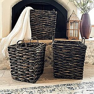 Artera Oversize Wicker Storage Basket - Set of 3 Woven Water Hyacinth Blanket Baskets with Handle, Natural Nesting Floor Storage Bins for Living Room, Bedroom or Laundry Room (Style 1)