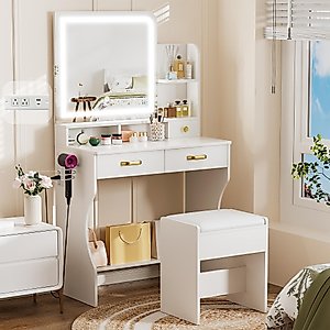 Alohappy Vanity Desk with LED Lighted Mirror and Charging Station, Makeup Vanity Table Set with 3 Drawers & Storage Shelves & Stool, 3 Lighting Modes Adjustable Brightness, for Bedroom Dressing Room