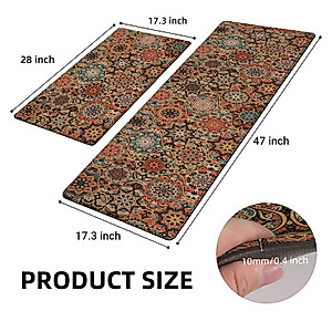 Boho Kitchen Rugs and Mats Sets 2 Cushioned Anti-Fatigue Kitchen Floor Mat Bohemian Retro Style PVC Non-Skid Waterproof Comfort Standing Memory Foam Mat for Sink, Laundry ,17.3" x28" + 17.3" x 47