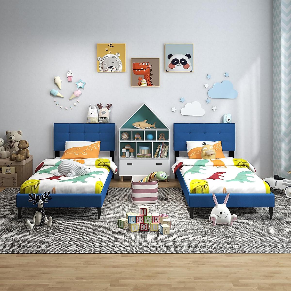 Giantex Twin Bed Frames for Kids, Modern Fabric Linen Upholstered Platform Bed Frame with Button Tufted Headboard and Wooden Slats, No Box Spring Needed, Kids Twin Bed for Boys Girls, Navy Blue