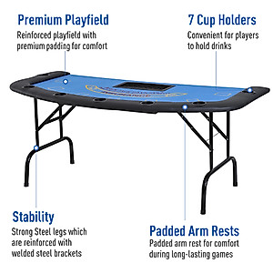 Soozier Poker Table Foldable, 72" Blackjack Table for 7 Players with Chip & Cup Holder, Blue Felt