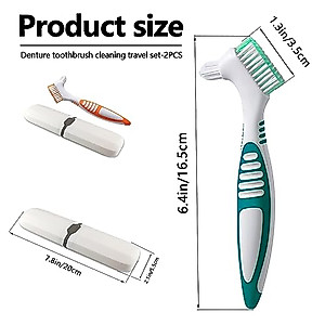Denture Toothbrush Set, Portable Dual Head Denture Brush with Cover Case, Denture Cleaning Tool Set for Travel, Home and Camping, Dental Cleaning Brush Set for Denture Care False Teeth Cleaner Tool
