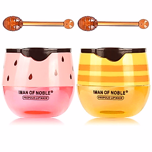Bee Lip Balm Honey Pot, 2 PCS Strawberry & Honey Hydrating Prevention Dry and Cracked Lip Scrubs Exfoliator, Propolis Moisturizing Lip Sleep Mask Reduces Lip Lines, Lip Exfoliating Honey Bee Lip Mask