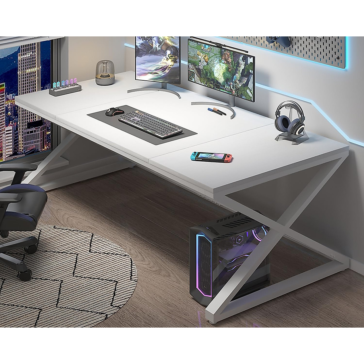 LVB 70.8" Long Desk, Modern Large White Computer Desk for Home Office Work, Wood Metal Computer Table for Writing Study in Bedroom, Simple Gaming Desk for 2 Monitor Workstation, White Oak, 70 in