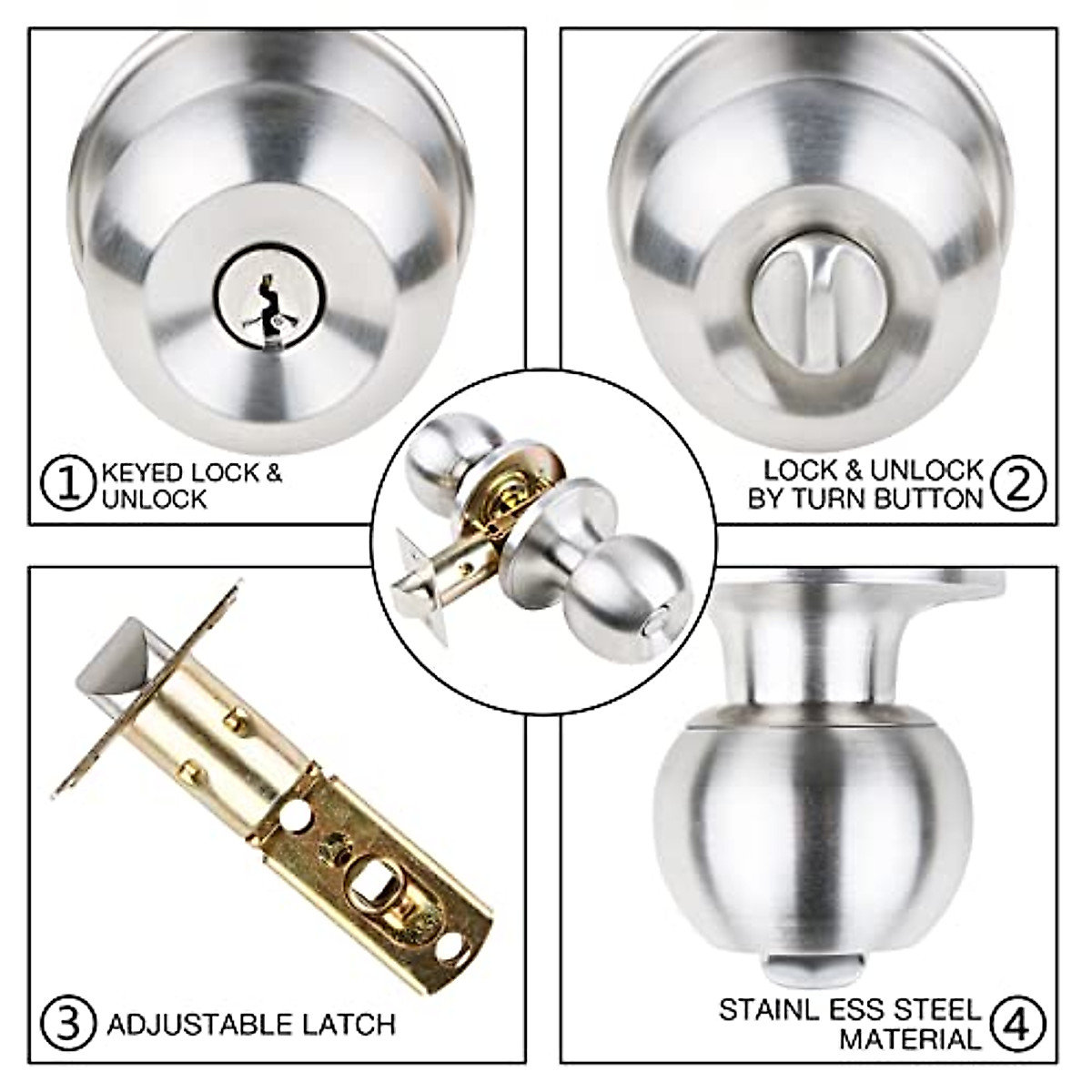 Door Knob with Key for Bedroom Door Locks with Keys, Stainless Steel Doorknob with Lock and Key, Ball Door Handle with Key, High Security 3-Year Warranty