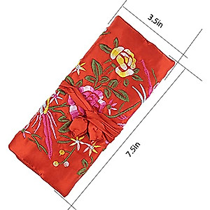 Lidwot 1 Piece Red Embroidery Flower and Bird Silk Brocade Jewelry Roll Bag,Travel Jewelry Organizer Bag with Ribbons Tie Close