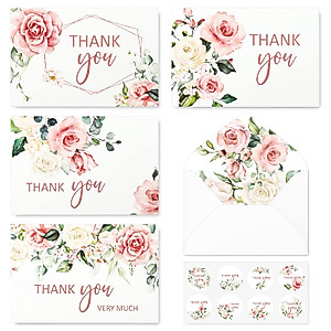 AnyDesign 32 Pack Thank You Cards with Envelopes Stickers Blush Floral Blank Note Cards Bulk 4 Design Flower Thank You Greeting Cards for Wedding Baby Shower Bridal Shower and All Occasions, 4 x 6