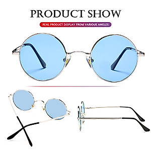 PORADAY Circle Lennon Glasses Retro Round Polarized Sunglasses Hippie Style Small Circle Sun Glasses (Silver/Clear Blue)